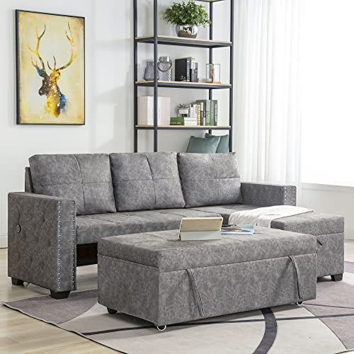 GLORHOME L Shape Storage Bed Pull Out Sleeper Sectional Couch with Upholstered with Nail Head Trim, 3-Seater Sofa for Living Room Furniture Set, Gray