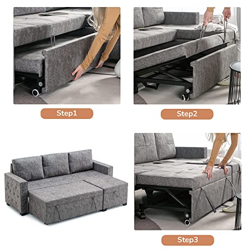 GLORHOME L Shape Storage Bed Pull Out Sleeper Sectional Couch with Upholstered with Nail Head Trim, 3-Seater Sofa for Living Room Furniture Set, Gray