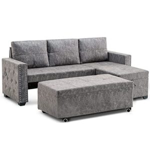 GLORHOME L Shape Storage Bed Pull Out Sleeper Sectional Couch with Upholstered with Nail Head Trim, 3-Seater Sofa for Living Room Furniture Set, Gray