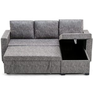 GLORHOME L Shape Storage Bed Pull Out Sleeper Sectional Couch with Upholstered with Nail Head Trim, 3-Seater Sofa for Living Room Furniture Set, Gray