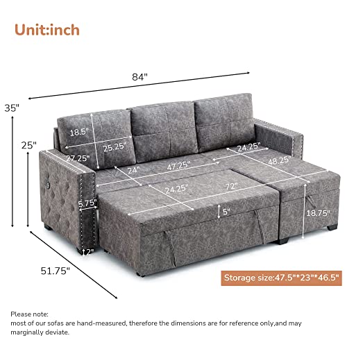 GLORHOME L Shape Storage Bed Pull Out Sleeper Sectional Couch with Upholstered with Nail Head Trim, 3-Seater Sofa for Living Room Furniture Set, Gray