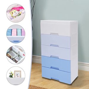 DYRABREST 5 Drawer Plastic Drawers Dresser Storage Cabinet Stackable Vertical Clothes Storage Tower with 4 Wheels for Hallway Entryway (Gradient Blue)