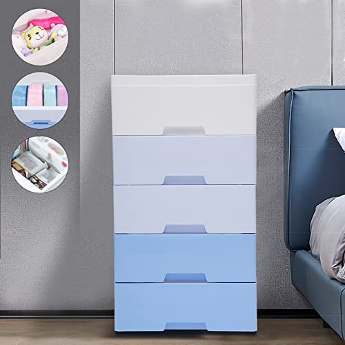 DYRABREST 5 Drawer Plastic Drawers Dresser Storage Cabinet Stackable Vertical Clothes Storage Tower with 4 Wheels for Hallway Entryway (Gradient Blue)