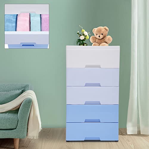 DYRABREST 5 Drawer Plastic Drawers Dresser Storage Cabinet Stackable Vertical Clothes Storage Tower with 4 Wheels for Hallway Entryway (Gradient Blue)