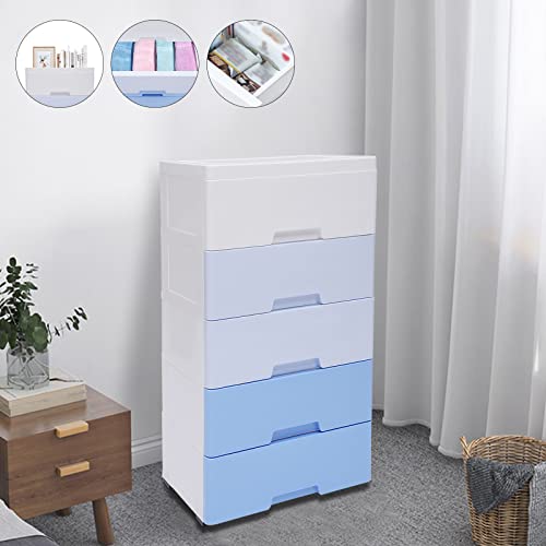 DYRABREST 5 Drawer Plastic Drawers Dresser Storage Cabinet Stackable Vertical Clothes Storage Tower with 4 Wheels for Hallway Entryway (Gradient Blue)