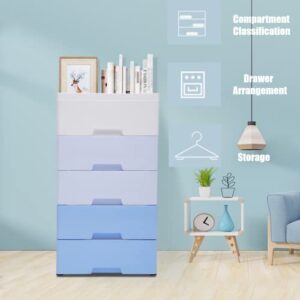 DYRABREST 5 Drawer Plastic Drawers Dresser Storage Cabinet Stackable Vertical Clothes Storage Tower with 4 Wheels for Hallway Entryway (Gradient Blue)