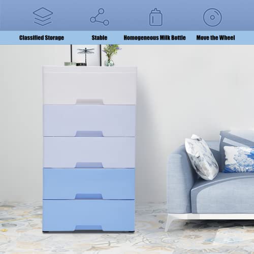 DYRABREST 5 Drawer Plastic Drawers Dresser Storage Cabinet Stackable Vertical Clothes Storage Tower with 4 Wheels for Hallway Entryway (Gradient Blue)