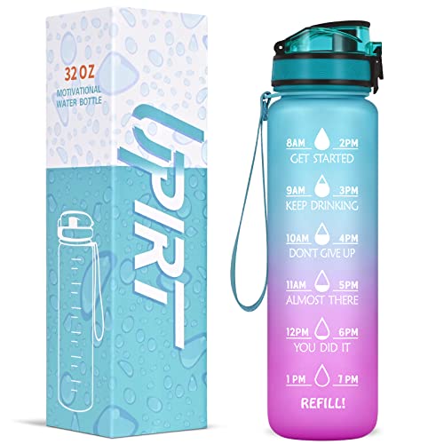 UPIRT 32 Oz Water Bottles, Motivational Water Bottle with Time Marker, Leak Proof Tritan Sport Bottle with Fruit Strainer, Water Jug with Carrying Strap for Fitness Gym and Outdoors (Green/Purple)