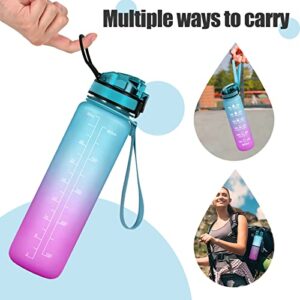 UPIRT 32 Oz Water Bottles, Motivational Water Bottle with Time Marker, Leak Proof Tritan Sport Bottle with Fruit Strainer, Water Jug with Carrying Strap for Fitness Gym and Outdoors (Green/Purple)