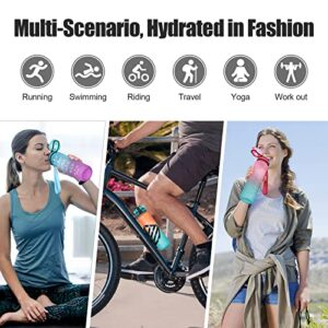 UPIRT 32 Oz Water Bottles, Motivational Water Bottle with Time Marker, Leak Proof Tritan Sport Bottle with Fruit Strainer, Water Jug with Carrying Strap for Fitness Gym and Outdoors (Green/Purple)