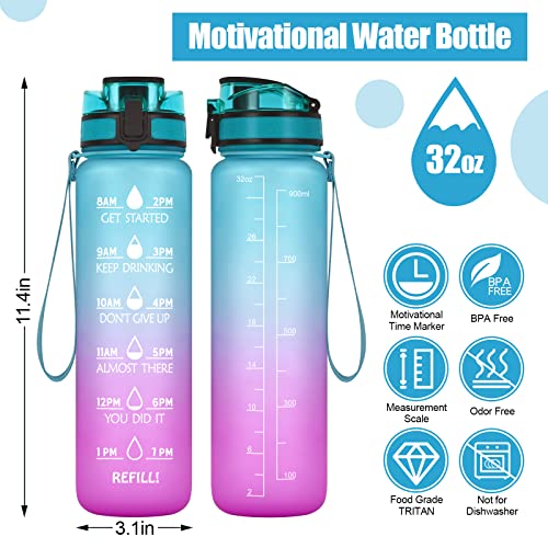 UPIRT 32 Oz Water Bottles, Motivational Water Bottle with Time Marker, Leak Proof Tritan Sport Bottle with Fruit Strainer, Water Jug with Carrying Strap for Fitness Gym and Outdoors (Green/Purple)