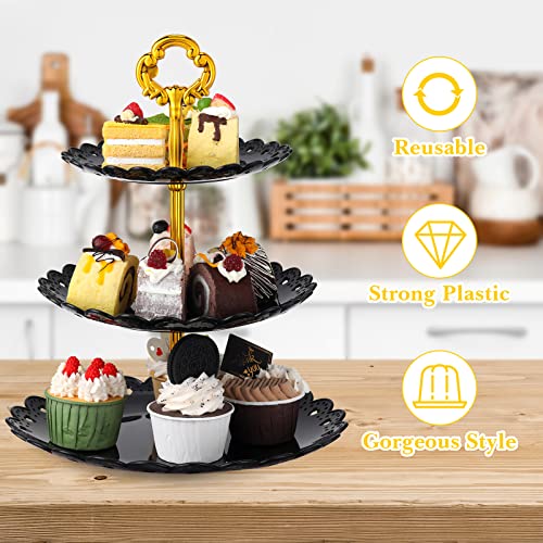 Potchen 9 Pcs Black Dessert Table Display Set Includes 6 Rectangle Cupcake Stand & 3 Round Tiered Serving Tray Cake Holder Plastic Plate Platters for Halloween Baby Shower (Flower Style), Gold