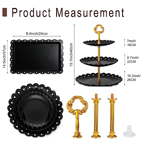 Potchen 9 Pcs Black Dessert Table Display Set Includes 6 Rectangle Cupcake Stand & 3 Round Tiered Serving Tray Cake Holder Plastic Plate Platters for Halloween Baby Shower (Flower Style), Gold