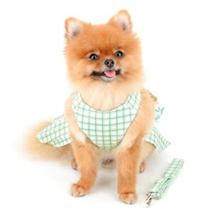 PAIDEFUL Plaid Dog Harness Dress for Small Medium Dogs Female Girls Flowers Tutu Skirt Pet Clothes with Leash 1.5m Cats Apparel Puppy Chihuahua Yorkie Clothing Spring Summer Green L