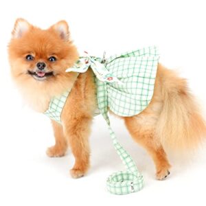 PAIDEFUL Plaid Dog Harness Dress for Small Medium Dogs Female Girls Flowers Tutu Skirt Pet Clothes with Leash 1.5m Cats Apparel Puppy Chihuahua Yorkie Clothing Spring Summer Green L