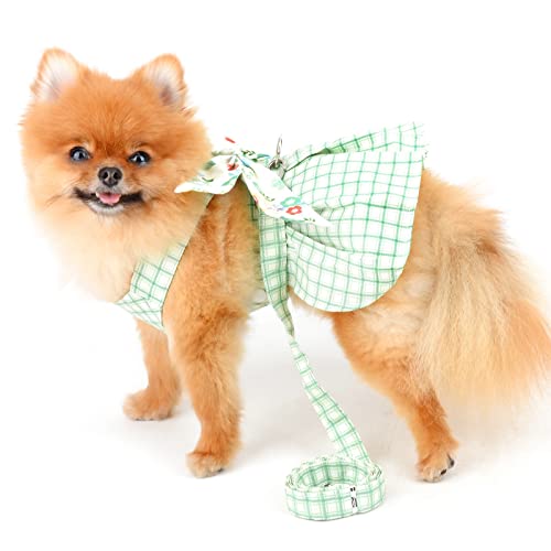 PAIDEFUL Plaid Dog Harness Dress for Small Medium Dogs Female Girls Flowers Tutu Skirt Pet Clothes with Leash 1.5m Cats Apparel Puppy Chihuahua Yorkie Clothing Spring Summer Green L