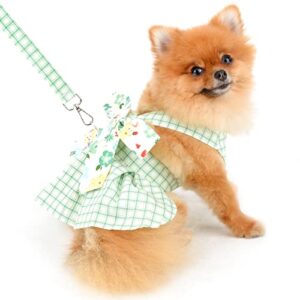 PAIDEFUL Plaid Dog Harness Dress for Small Medium Dogs Female Girls Flowers Tutu Skirt Pet Clothes with Leash 1.5m Cats Apparel Puppy Chihuahua Yorkie Clothing Spring Summer Green L