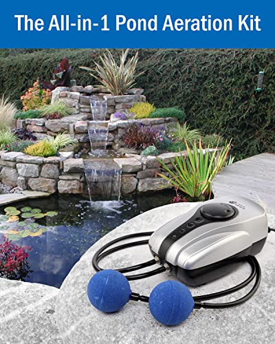 Pond Aeration Kit – AquaMiracle Pond Air Pump Kit Koi Pond Aerator for Pond up to 1000 Gallons Pond Deicer All-in-One Pond Aeration System with Double Outlet Airline Tubing Air Stones Check Valves