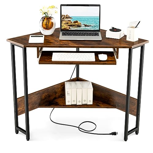 Tangkula Corner Desk with Keyboard Tray, 90-Degree Triangle Corner Computer Desk for Small Space, Industrial Writing Desk with Storage Shelf, Space-Saving Laptop PC Desk (Rustic Brown)