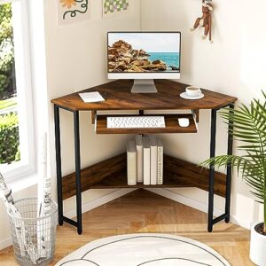 Tangkula Corner Desk with Keyboard Tray, 90-Degree Triangle Corner Computer Desk for Small Space, Industrial Writing Desk with Storage Shelf, Space-Saving Laptop PC Desk (Rustic Brown)