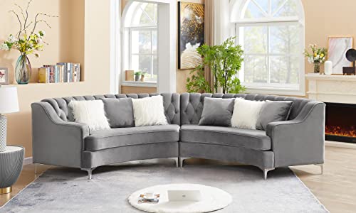 Melpomene Modern Velvet Curved Sofa, Symmetrical Modular Semi Circular Sofa with 6 Pillows(Tufted,Grey)