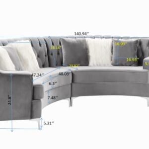 Melpomene Modern Velvet Curved Sofa, Symmetrical Modular Semi Circular Sofa with 6 Pillows(Tufted,Grey)