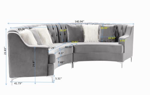 Melpomene Modern Velvet Curved Sofa, Symmetrical Modular Semi Circular Sofa with 6 Pillows(Tufted,Grey)