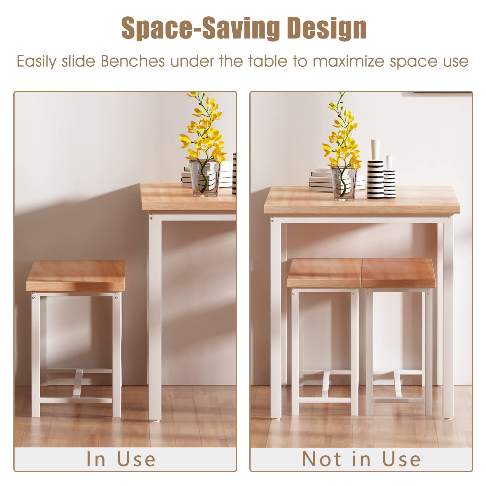 MOOSENG Kitchen Table Benches, 4-6 Person Space Saving Small Dining Sets Metal Frame and MDF Board for Breakfast Nook, Living Room, Apartment, Beige