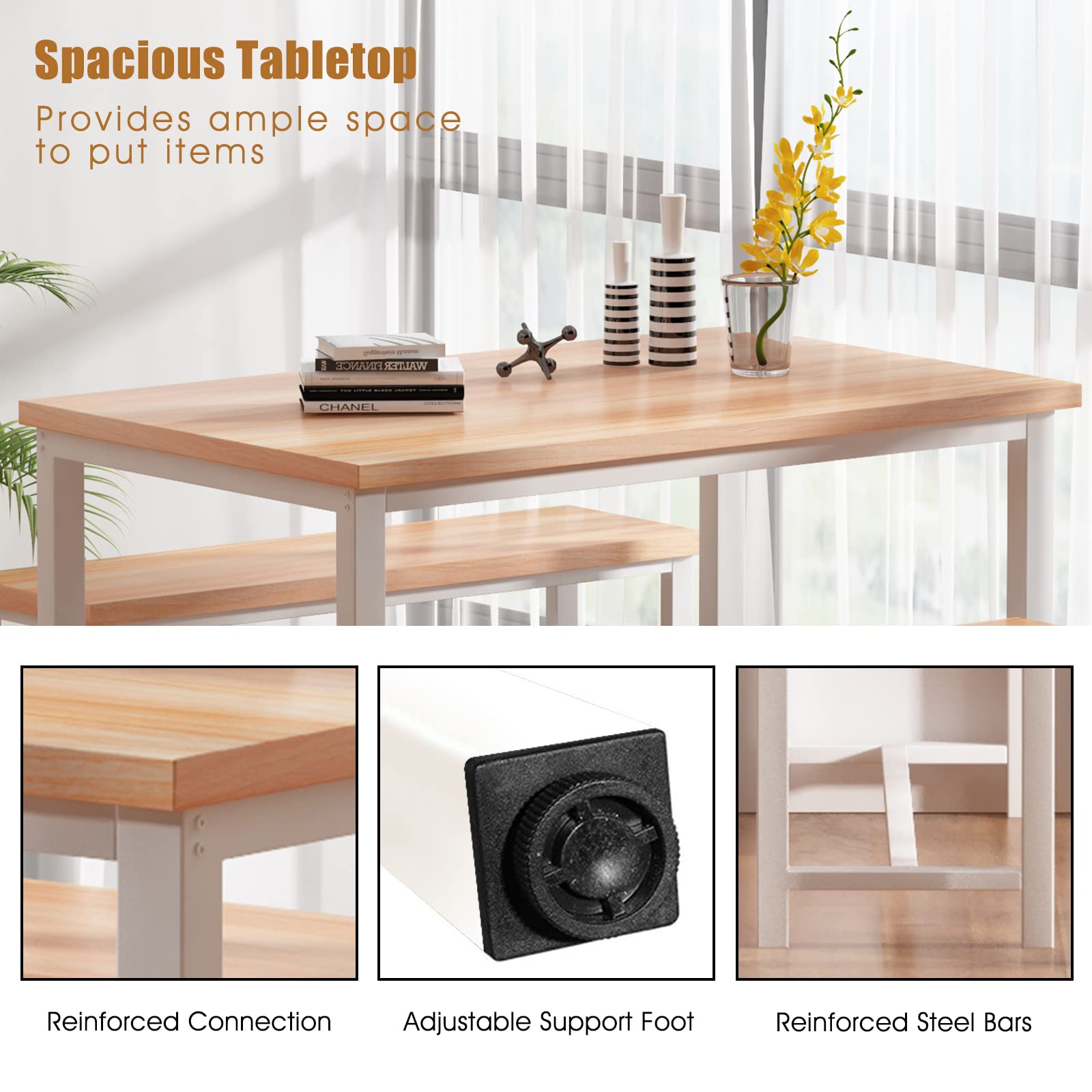 MOOSENG Kitchen Table Benches, 4-6 Person Space Saving Small Dining Sets Metal Frame and MDF Board for Breakfast Nook, Living Room, Apartment, Beige