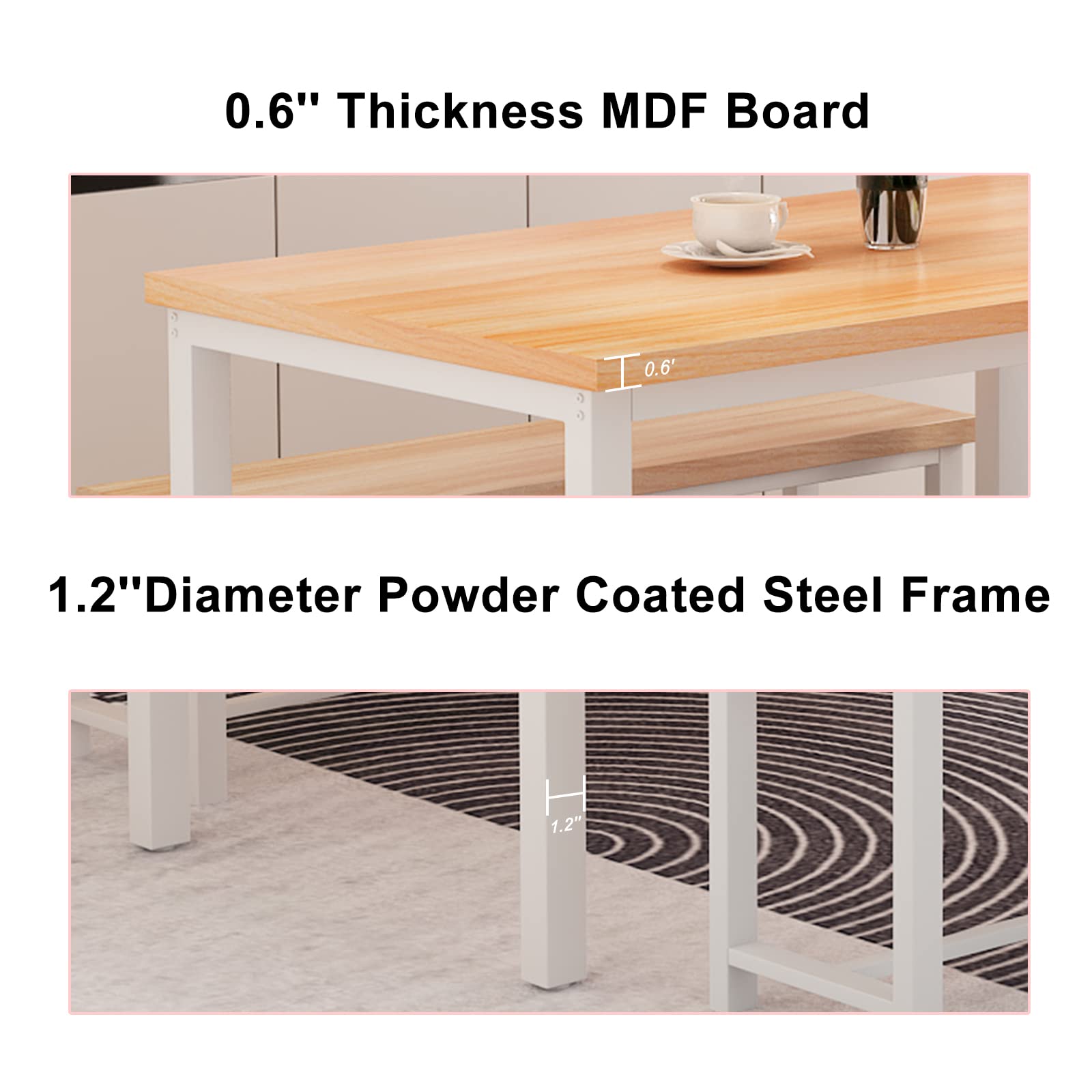 MOOSENG Kitchen Table Benches, 4-6 Person Space Saving Small Dining Sets Metal Frame and MDF Board for Breakfast Nook, Living Room, Apartment, Beige