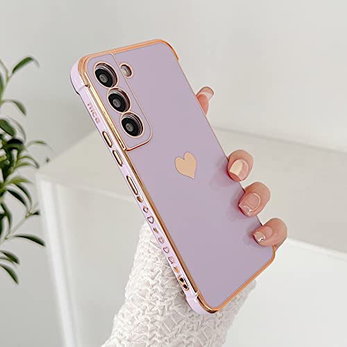 phylla Compatible with Samsung Galaxy S21 FE 6.4” 5g Phone Case Luxury Plating Cute Love Heart Side Small Pattern Case Full Camera Protection Soft Silicone Shockproof Bumper Cover (Purple)