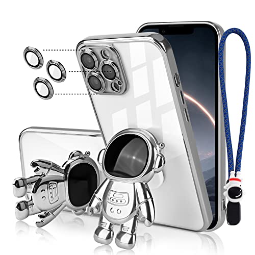 Newseego Compatible iPhone 12 Pro Max Case (6.7 Inch),Astronaut Hidden Stand Case with Lens Film Protective，Clear PC Back Cute Astronaut Stand with Chain Strap Plating Phone Case-Silver