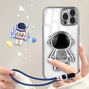 Newseego Compatible iPhone 12 Pro Max Case (6.7 Inch),Astronaut Hidden Stand Case with Lens Film Protective，Clear PC Back Cute Astronaut Stand with Chain Strap Plating Phone Case-Silver