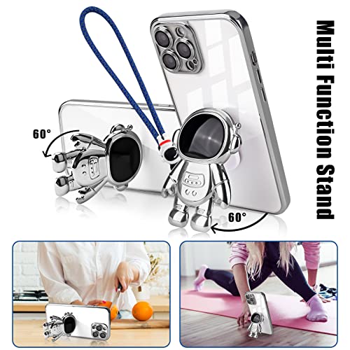 Newseego Compatible iPhone 12 Pro Max Case (6.7 Inch),Astronaut Hidden Stand Case with Lens Film Protective，Clear PC Back Cute Astronaut Stand with Chain Strap Plating Phone Case-Silver