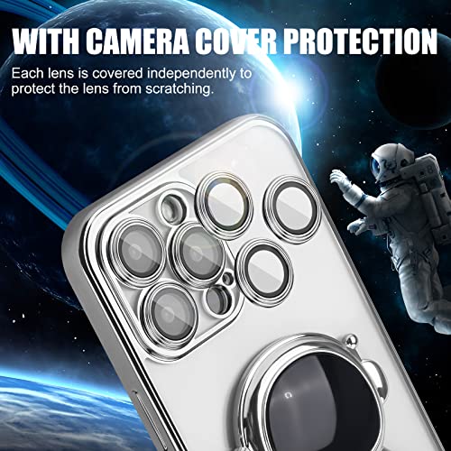 Newseego Compatible iPhone 12 Pro Max Case (6.7 Inch),Astronaut Hidden Stand Case with Lens Film Protective，Clear PC Back Cute Astronaut Stand with Chain Strap Plating Phone Case-Silver