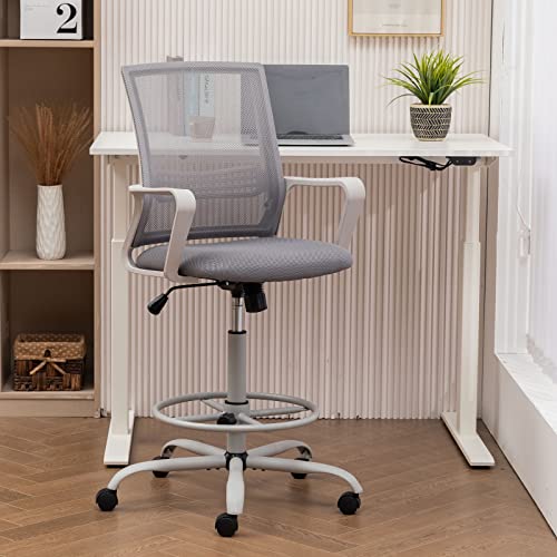 ZUNMOS Drafting Tall, Counter Office, High Standing, Ergonomic Mesh Computer Task Chair with Armrests and Adjustable Foot-Ring for Bar Height Desk, Grey