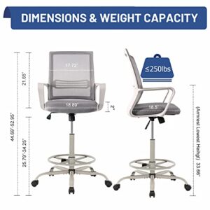 ZUNMOS Drafting Tall, Counter Office, High Standing, Ergonomic Mesh Computer Task Chair with Armrests and Adjustable Foot-Ring for Bar Height Desk, Grey