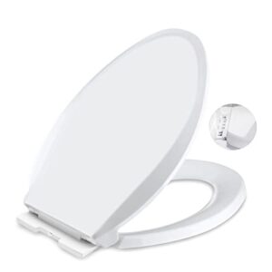 toilet seat elongated, toilet cover, quiet and soft close, easy to install and remove, ergonomic design,polypropylene(plastic), white, for elongated oval toilets (long hinge frame)