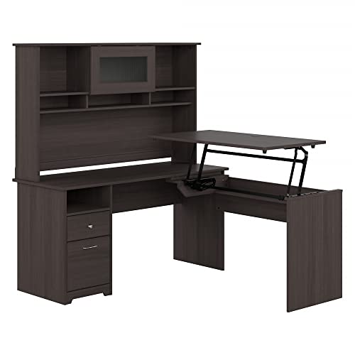 Bush Furniture Cabot 60W Single Pedestal Desk with Sit to Stand Return and Hutch, Heather Gray