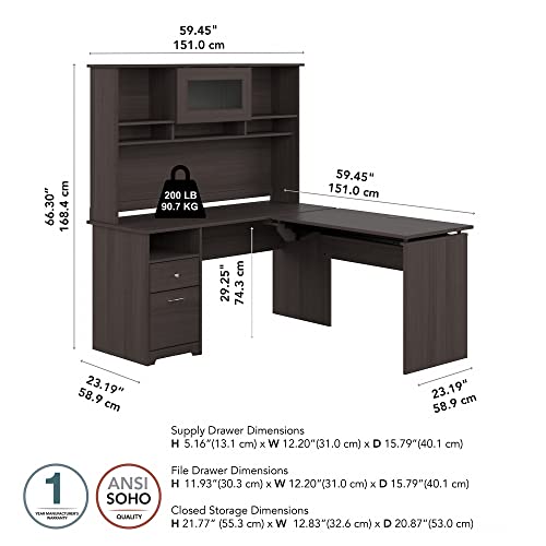 Bush Furniture Cabot 60W Single Pedestal Desk with Sit to Stand Return and Hutch, Heather Gray