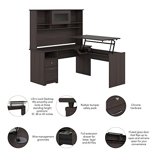 Bush Furniture Cabot 60W Single Pedestal Desk with Sit to Stand Return and Hutch, Heather Gray