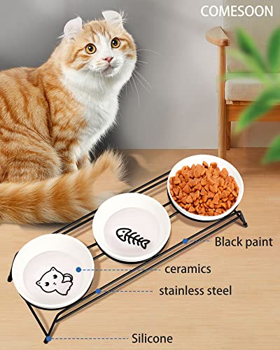 3 Cat Food Bowls Ceramic 13 oz Upgraded with Stainless Steel Stand Non-Slip and Anti-Rust Elevated Raised Cat Bowls for Food and Water, Pet Dishes Bowl for Indoor Cats and Puppy, Dishwasher Safe