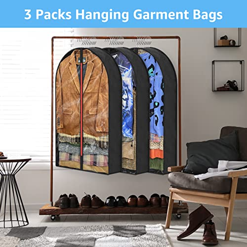 [Newest] Garment Bags for Hanging Cloths, 6.5" Gussetes 40" Moth Proof Cover Suits Bag with Zipper for Closet Storage Travel, Clear Storage Bags Protecting Coat Sweater Jacket Shirts, 3 PACK-BLACK.