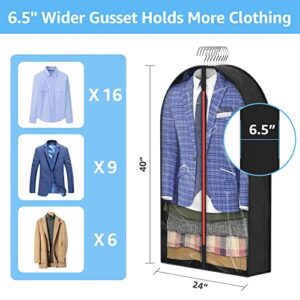 [Newest] Garment Bags for Hanging Cloths, 6.5" Gussetes 40" Moth Proof Cover Suits Bag with Zipper for Closet Storage Travel, Clear Storage Bags Protecting Coat Sweater Jacket Shirts, 3 PACK-BLACK.