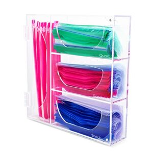 mrub clear storage bag organizer - ziplock bag organizer for snack, quart, gallon & sandwich bags, plastic bag organizer for kitchen drawer, tabletop or wall mount, 11.4 x 11.9 inches