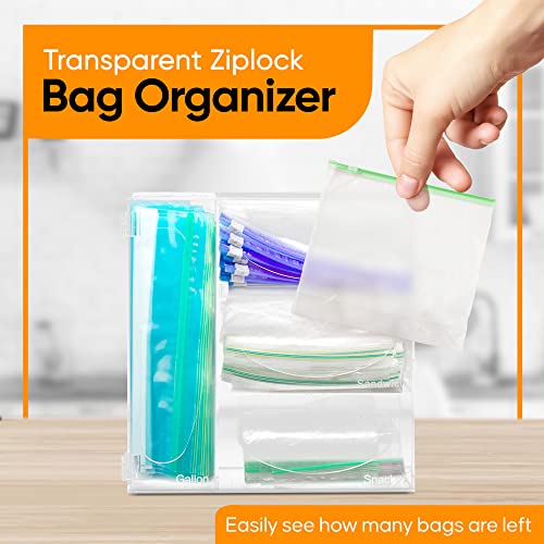 mRUB Clear Storage Bag Organizer - Ziplock Bag Organizer for Snack, Quart, Gallon & Sandwich Bags, Plastic Bag Organizer for Kitchen Drawer, Tabletop or Wall Mount, 11.4 x 11.9 Inches