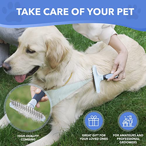 Dog rake deshedding dematting Brush Comb - Undercoat rake for Dogs, Cats, matted, Short,Long Hair Coats - Brush for Shedding, Double Row Stainless Steel pins - Reduce Shedding by 90% (Haze Blue)