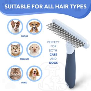 Dog rake deshedding dematting Brush Comb - Undercoat rake for Dogs, Cats, matted, Short,Long Hair Coats - Brush for Shedding, Double Row Stainless Steel pins - Reduce Shedding by 90% (Haze Blue)