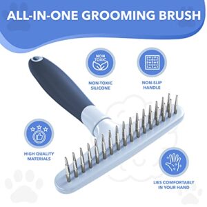 Dog rake deshedding dematting Brush Comb - Undercoat rake for Dogs, Cats, matted, Short,Long Hair Coats - Brush for Shedding, Double Row Stainless Steel pins - Reduce Shedding by 90% (Haze Blue)