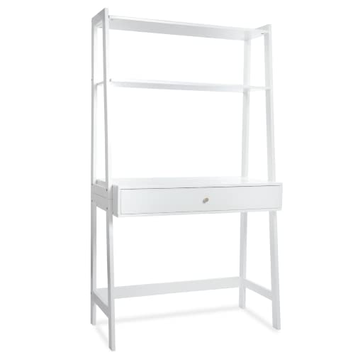 Milliard Ladder Desk with Storage, Freestanding Wall Computer Desk with Drawer and Shelves, White